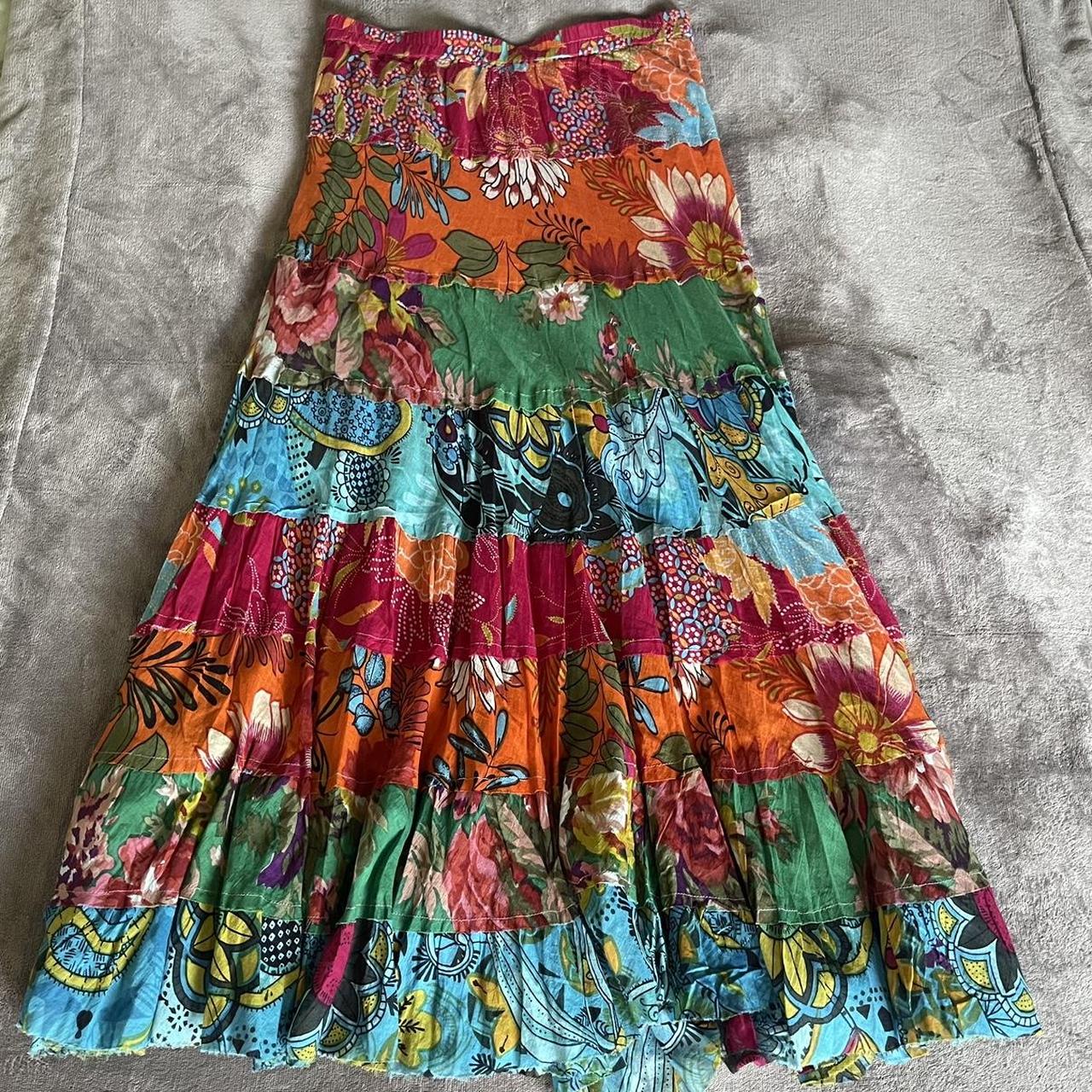 Vibrant flowy floral patchwork tiered maxi skirt.... - Depop