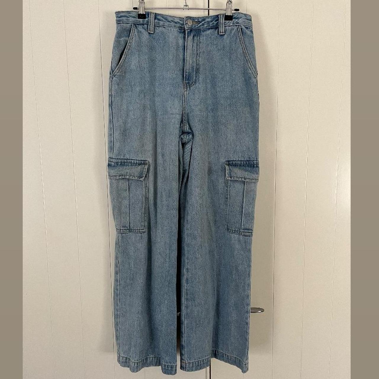 Blue denim wide leg Glassons cargo pants jeans open... | Depop