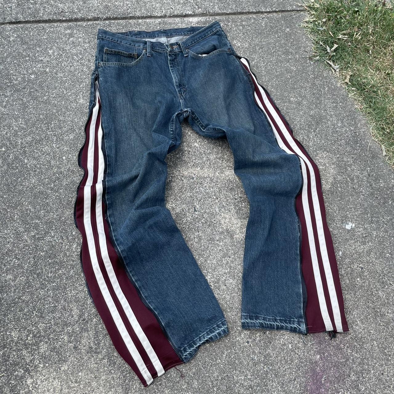 Custom Baggy fit blue jeans with zip flare Adidas... - Depop