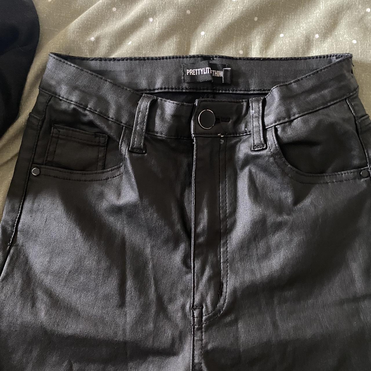 Black PLT flare faux leather trousers - Depop