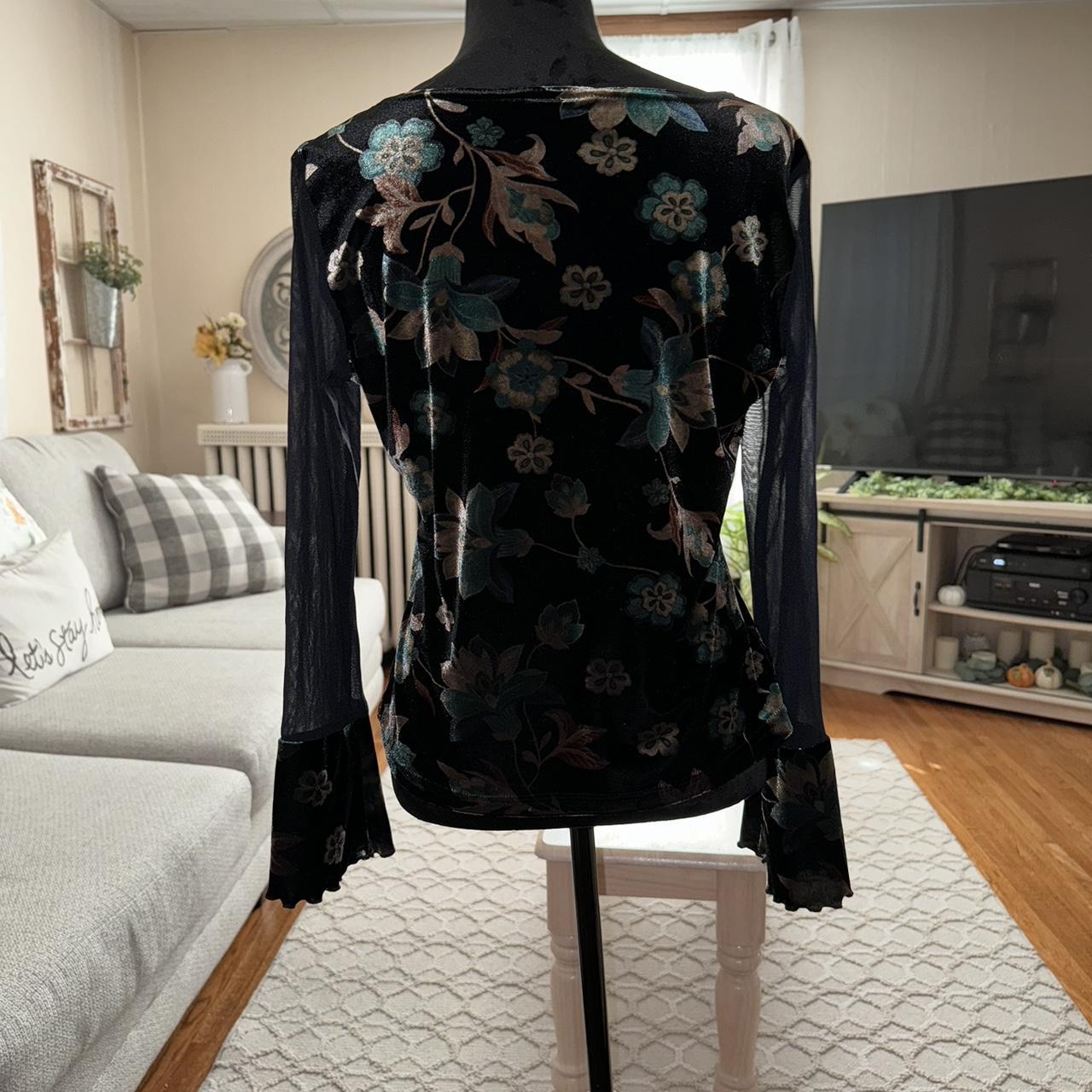 Black floral velvet long sleeve top with sheer... - Depop