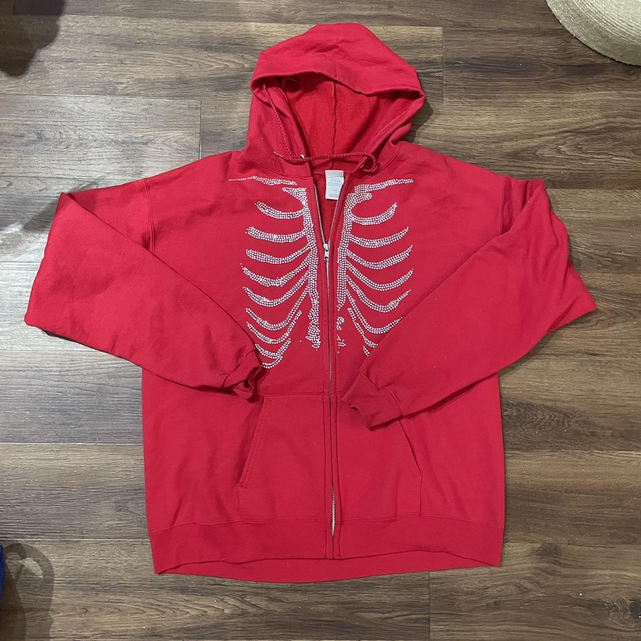 Rhinestone skeleton rib cage zip up hoodie Red... - Depop