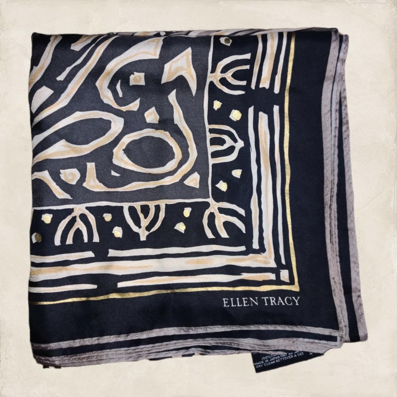 Ellen Tracy Black/Gold Silk Scarf ! 100% silk... - Depop