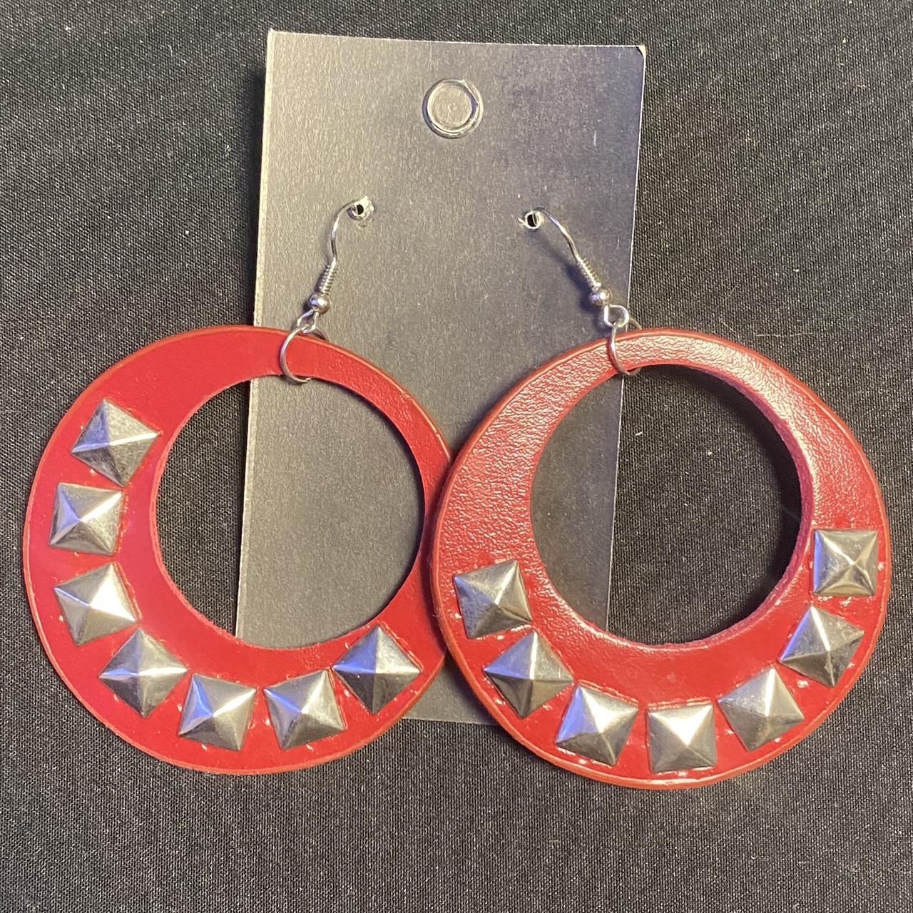 red hoop earrings with rhinestones #earrings... - Depop