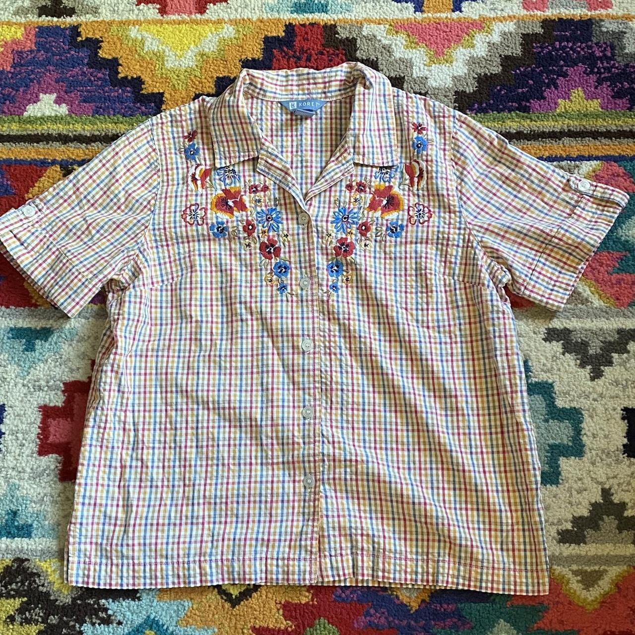 Vintage 1990s rainbow plaid floral embroidered Koret... - Depop