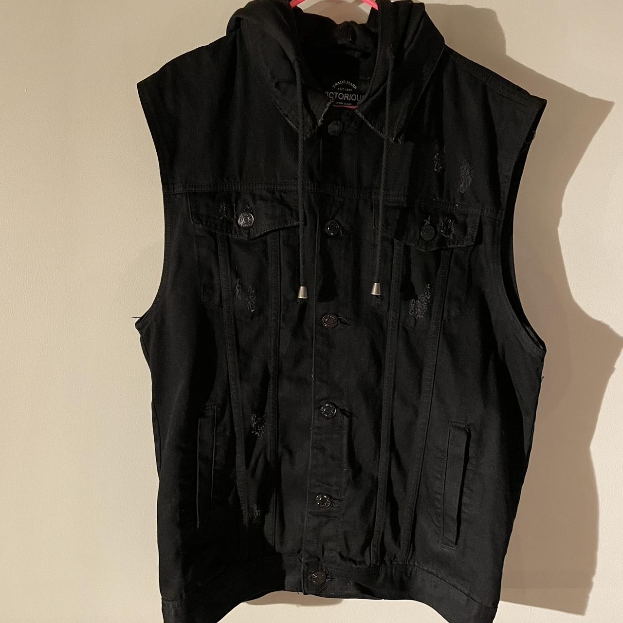 Distressed hooded denim vest size large. Removable... - Depop