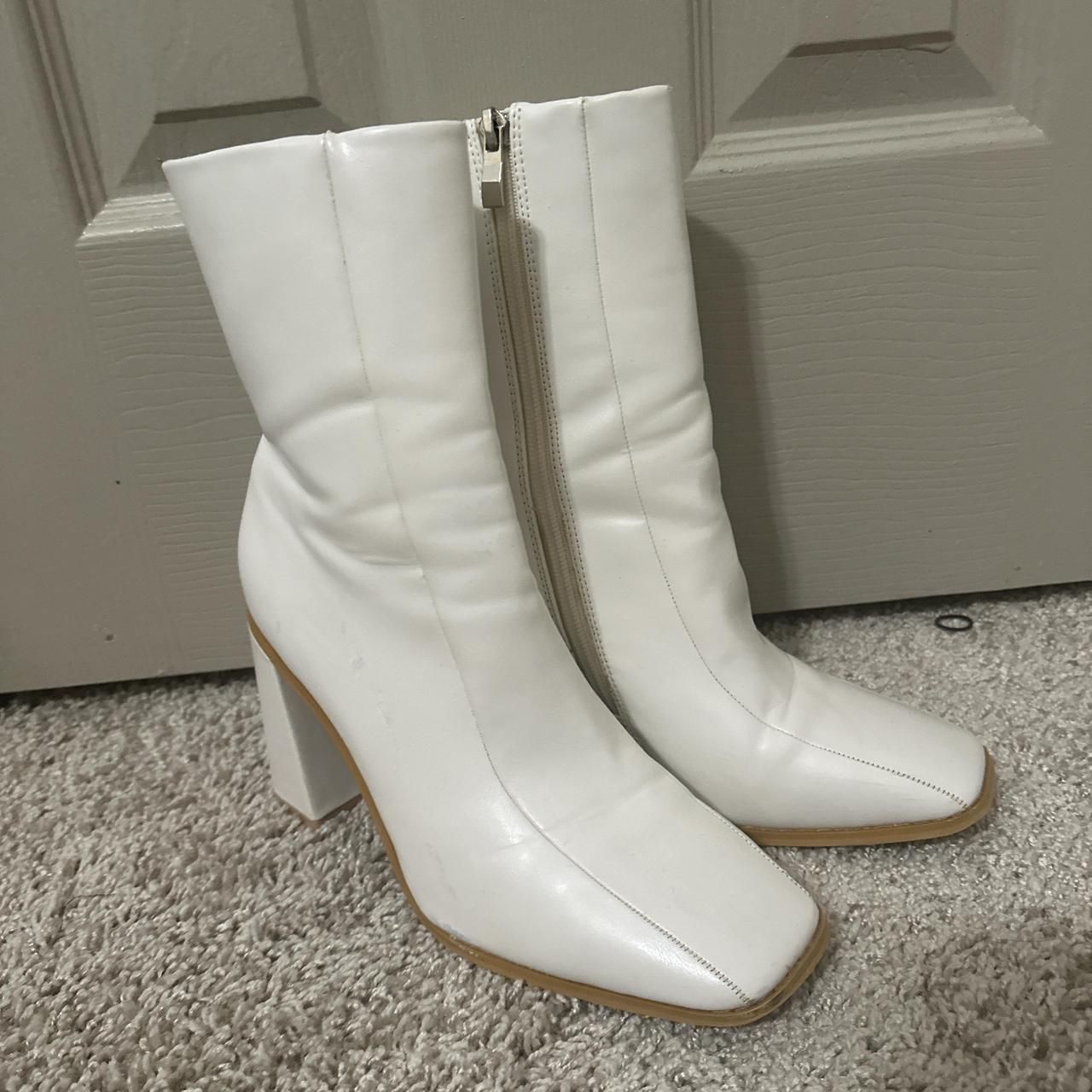 White square toe gogo boots with a zipper on the... - Depop