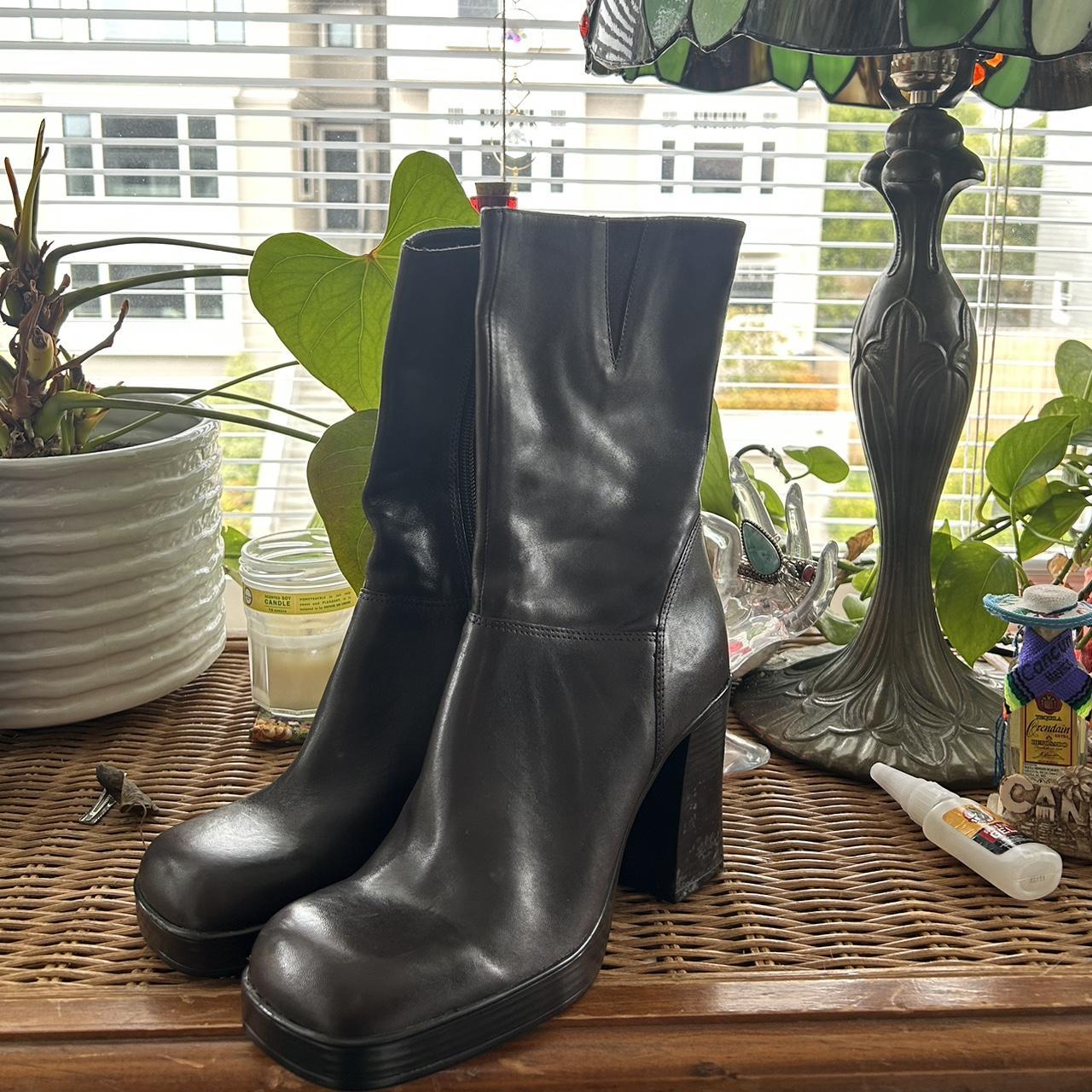 Super iconic vintage mid calf brown leather square... - Depop