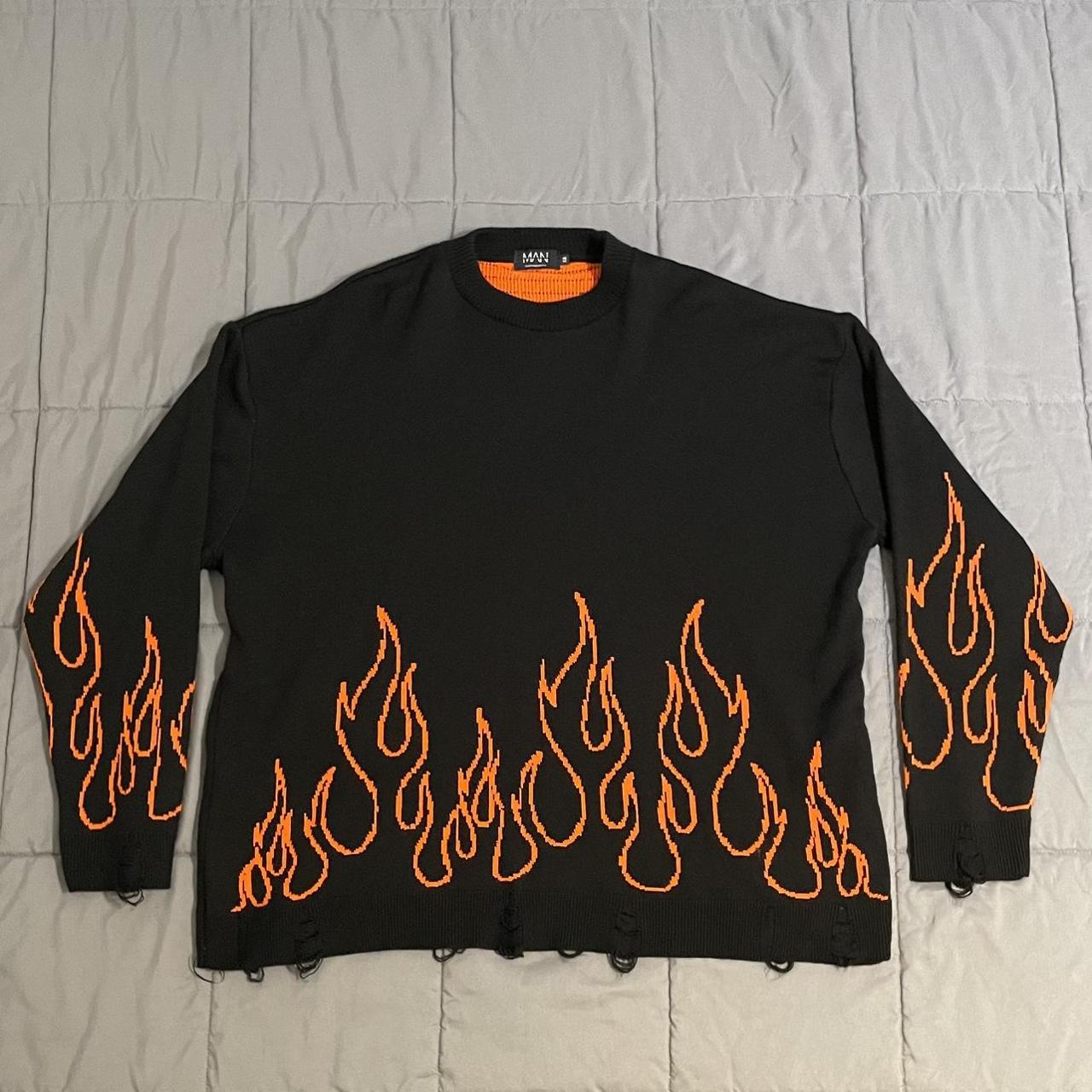 boohooMan OVERSIZED FLAME KNITTED SWEATER Size... - Depop
