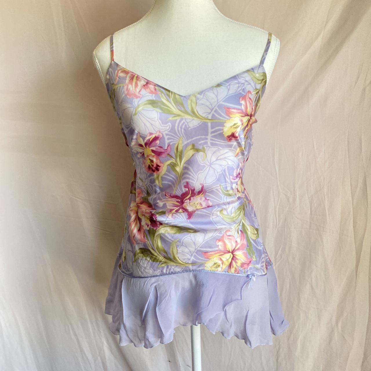 August Silk Lilac floral print mini dress and ruffle... - Depop