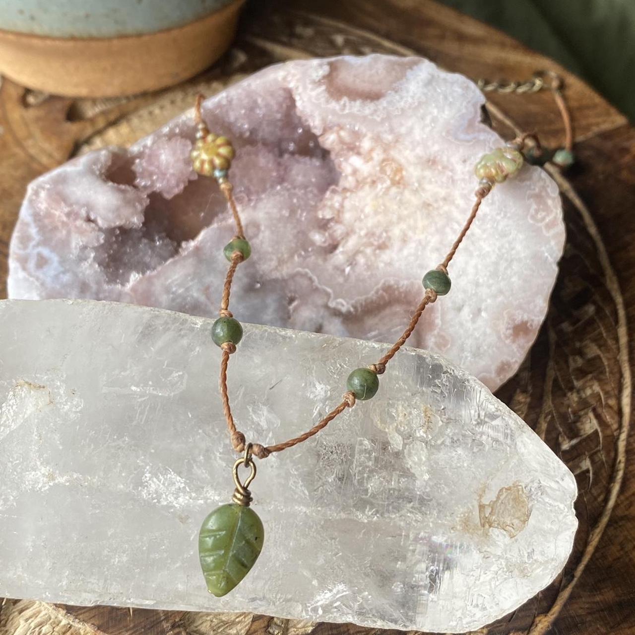 jade leaf cactus flower necklace 🌿🌸 16” handmade... - Depop