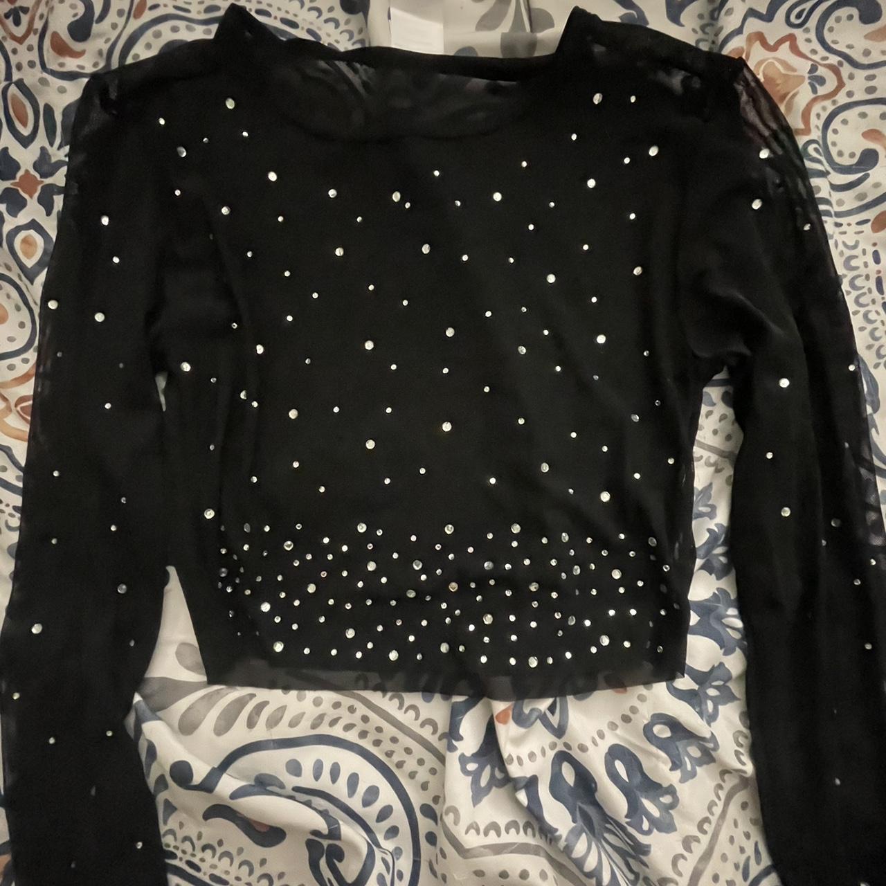 Cute sheer mesh rave rhinestone long sleeve top... - Depop