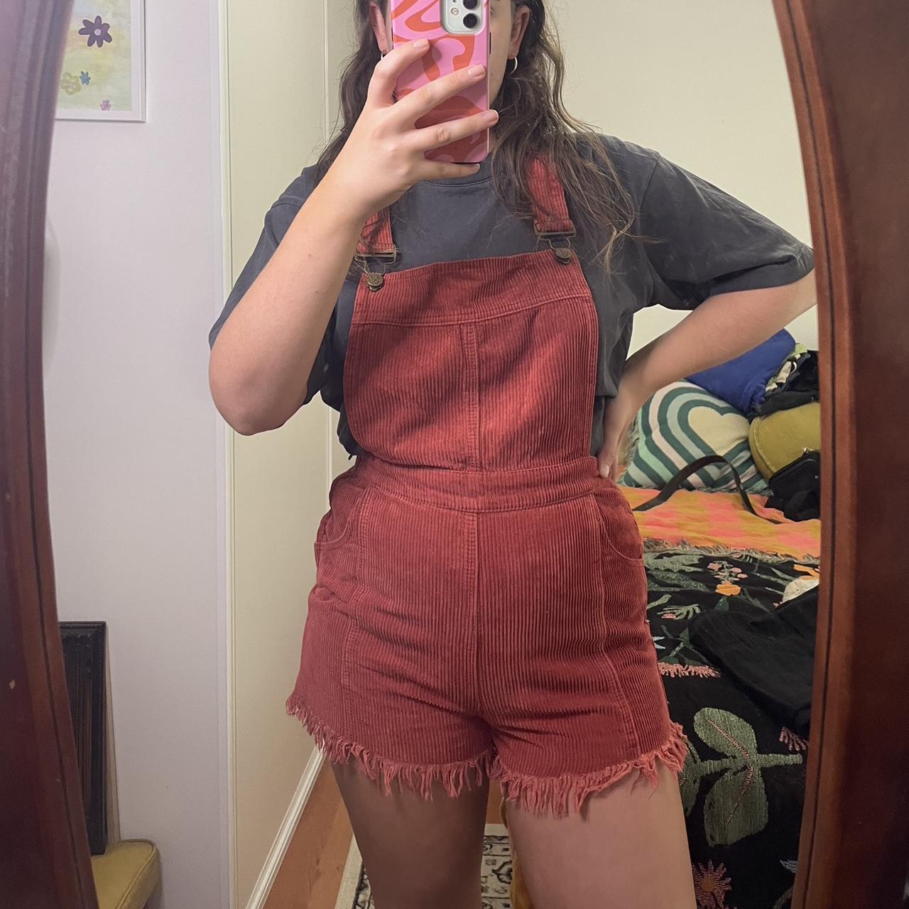 Red corduroy short overalls, cut offs with... - Depop