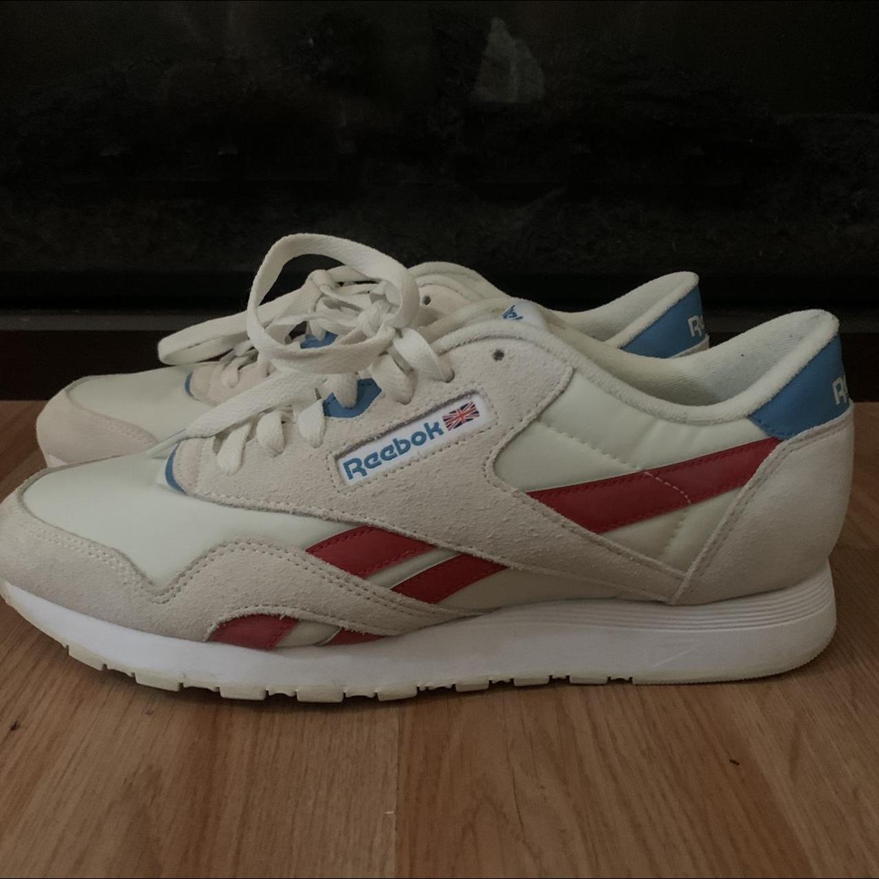 Reebok Classic Leather Nylon Chalk Scarlett and Blue... - Depop