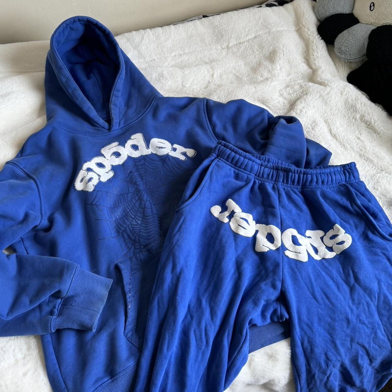 Sp5der Worldwide Tracksuit Blue Hoodie Size: M Pants... - Depop