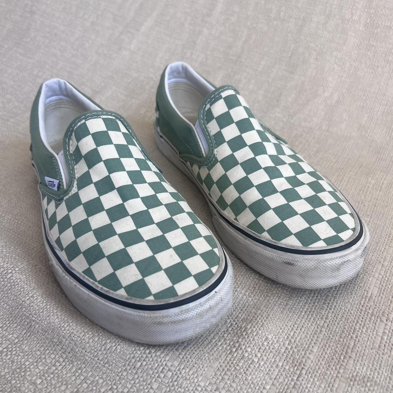 Checkered vans in sage green. Size 9.5 in women’s, 8... | Depop