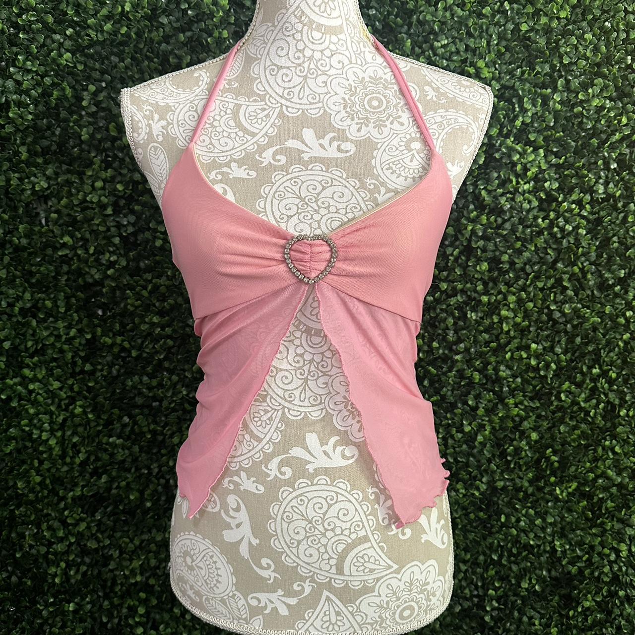 Pink mesh y2k halter neck top with diamante heart... - Depop