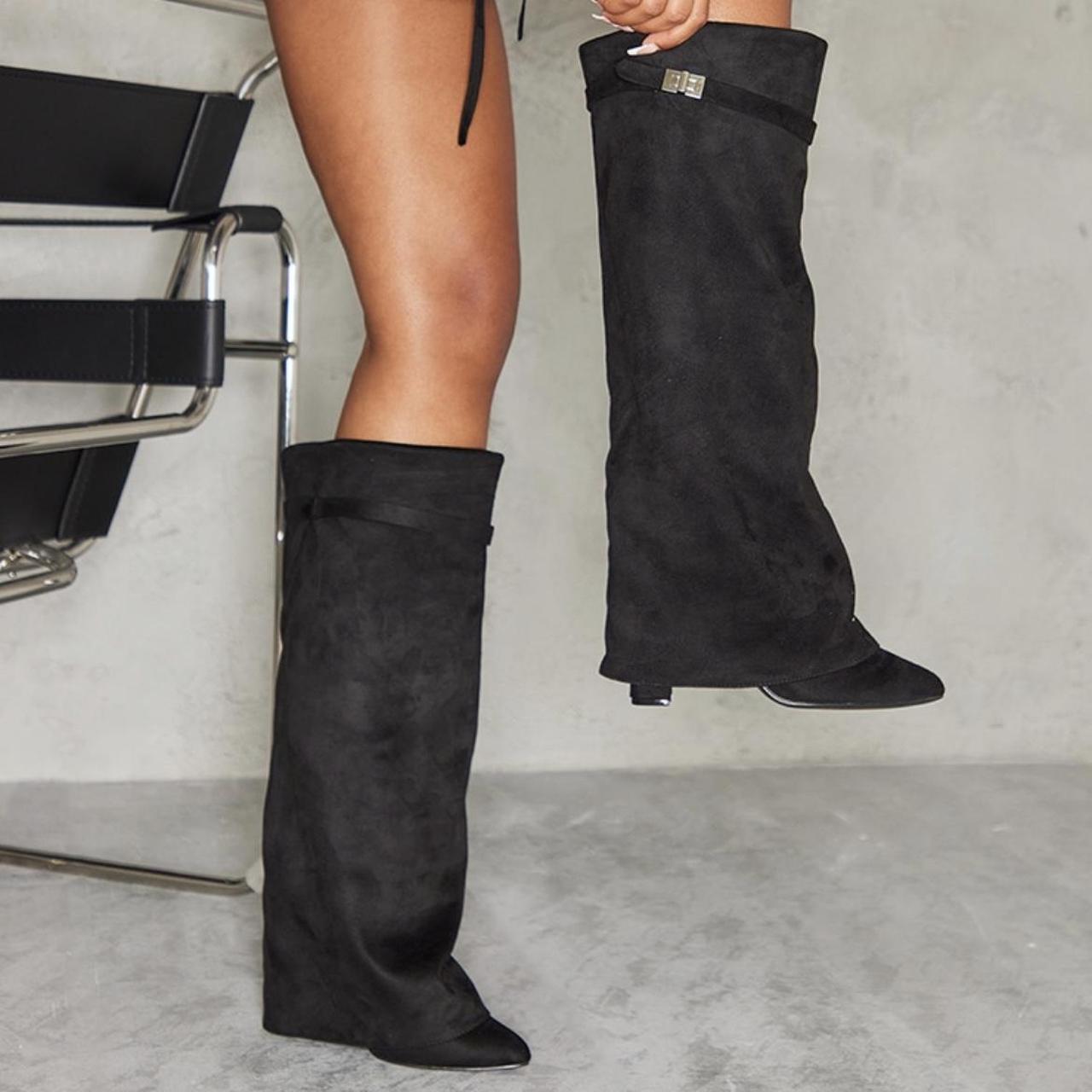 Black Faux Suede Fold Over Knee Block Heeled Boots - Depop