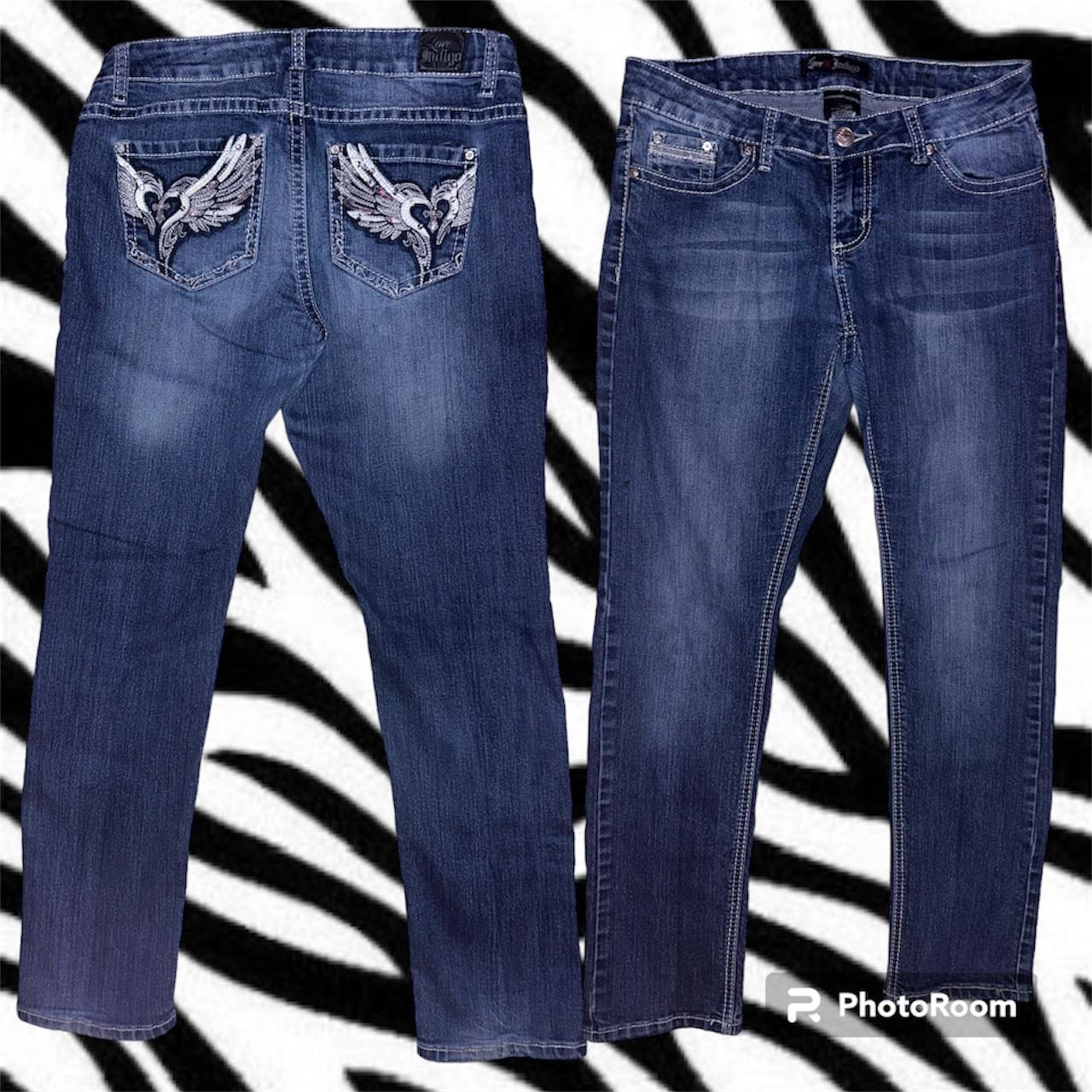 Y2K Cross Angel Wing Jeans Brand Love Indigo... - Depop