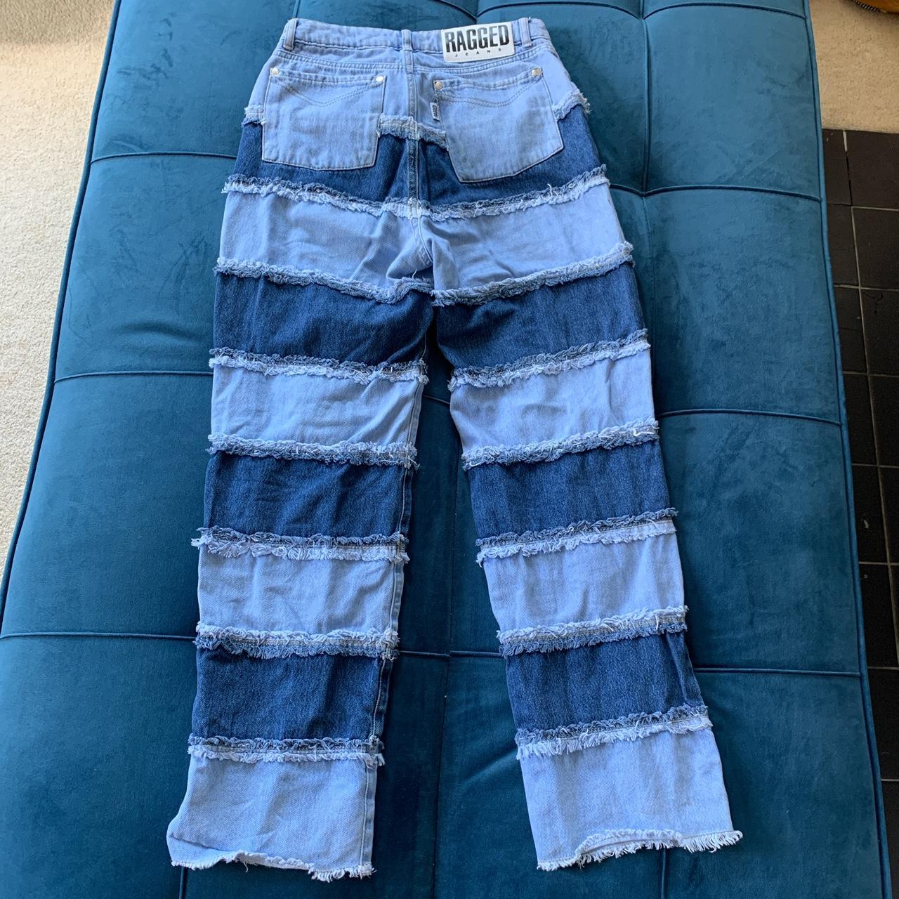 Ragged denim blue patchwork jeans hardly worn... - Depop