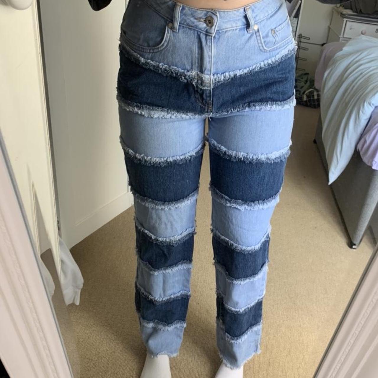 Ragged denim blue patchwork jeans hardly worn... - Depop