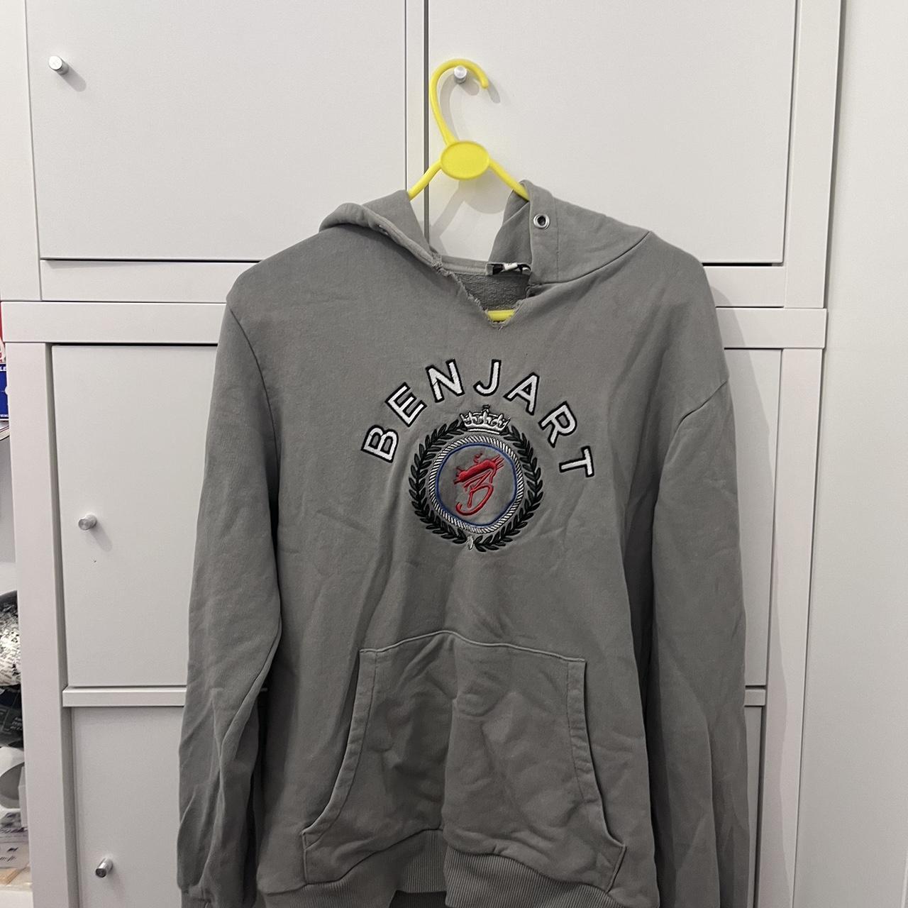 Benjar grey and black hoodie Quite worn Has a rip in... - Depop