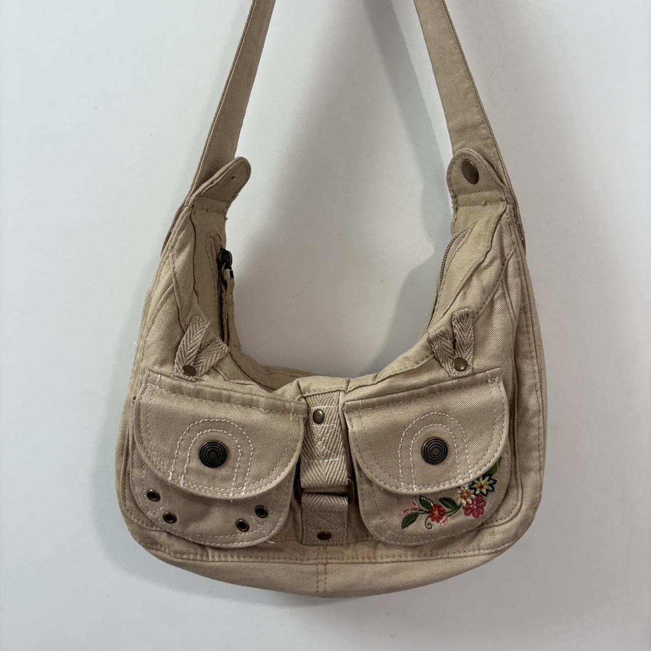 beige cream shoulder bag with velcro pockets and... - Depop