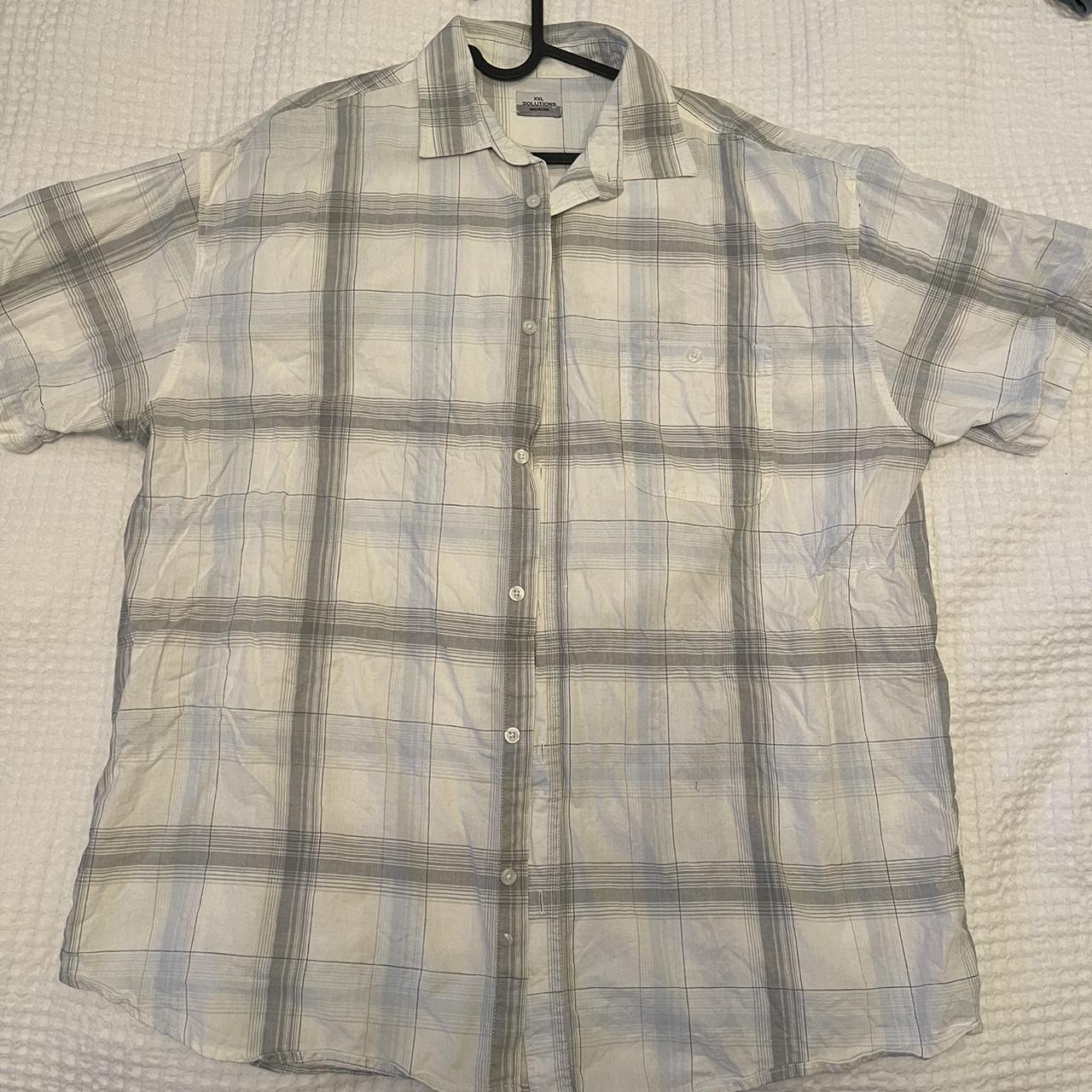 Blue white and grey striped short sleeve button up... - Depop