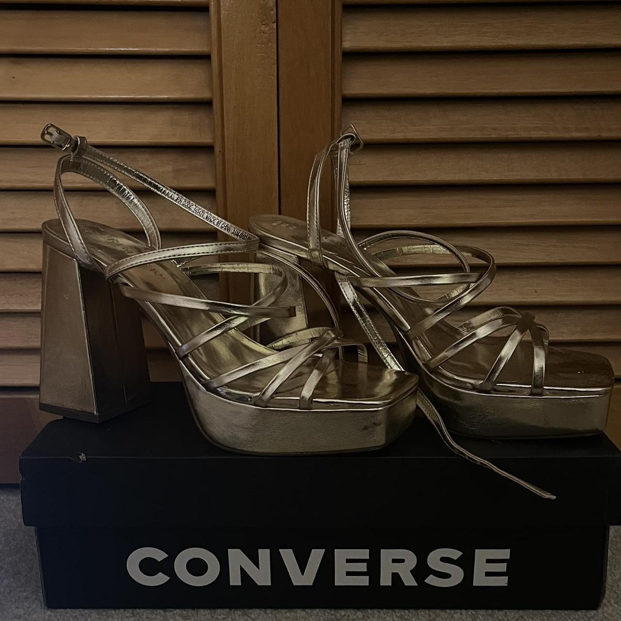 primark gold chunky strap heels worn once | Depop