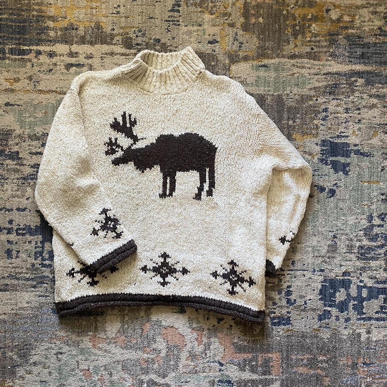 1990’s cowichan style knitted moose sweater... - Depop