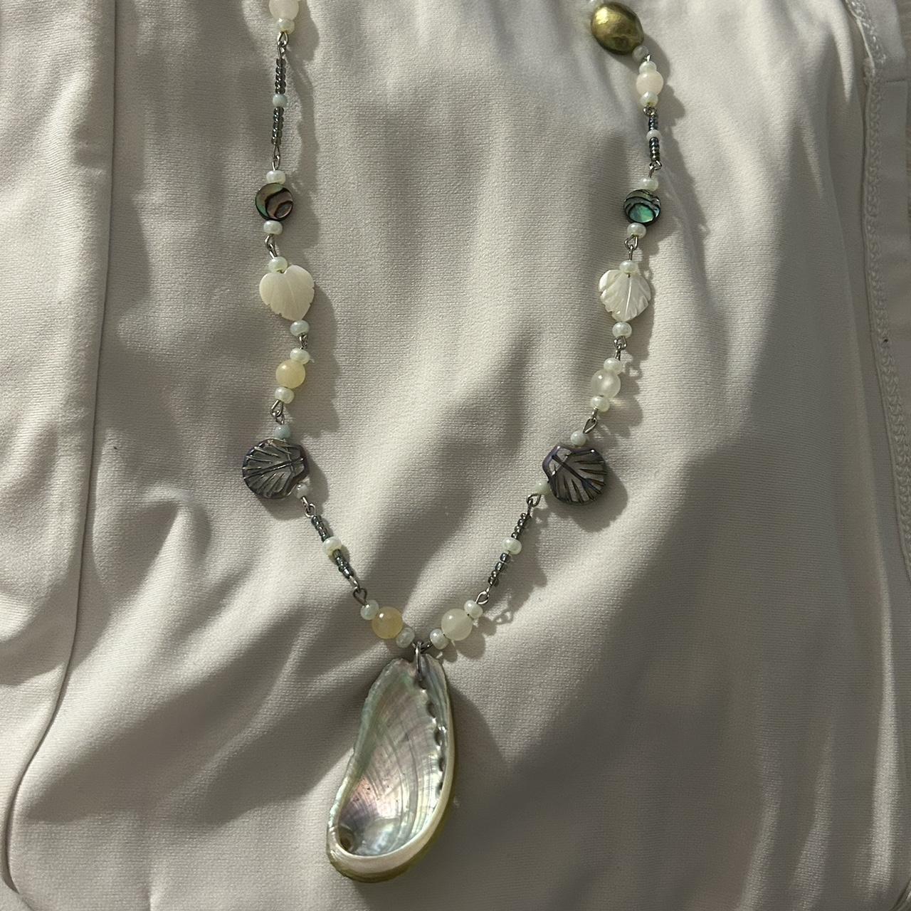 beaded abalone white seashell necklace with pearls... - Depop