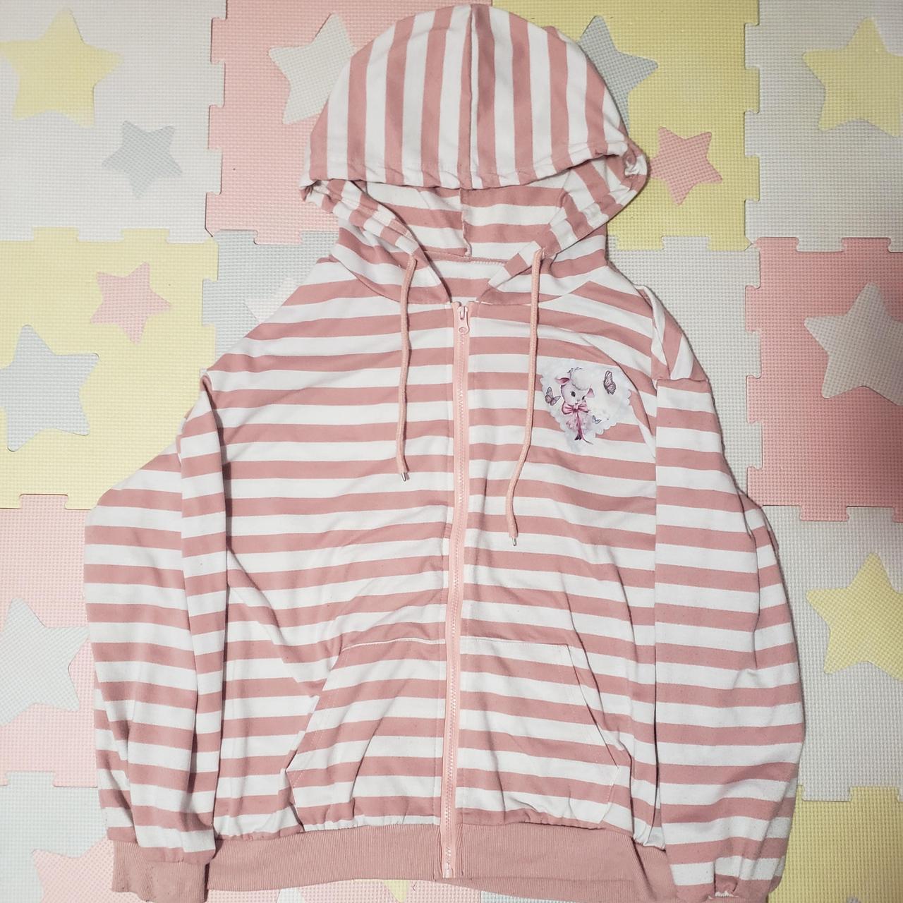 Cutecore Coquette lamb pink striped hoodie ♡ romwe... | Depop
