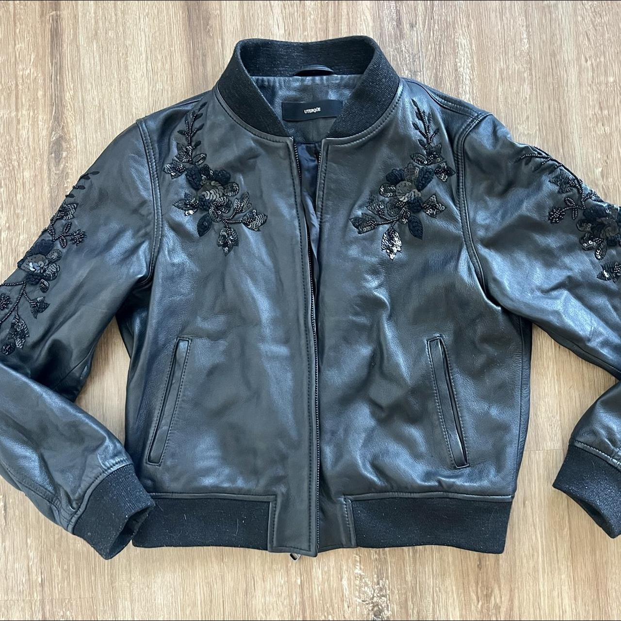 Uterque embroidered black leather jacket - Depop