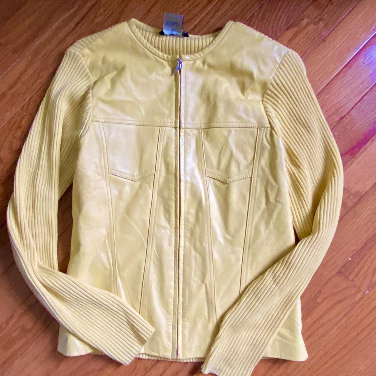 Canary yellow escape Y2K leather and knit jacket... - Depop