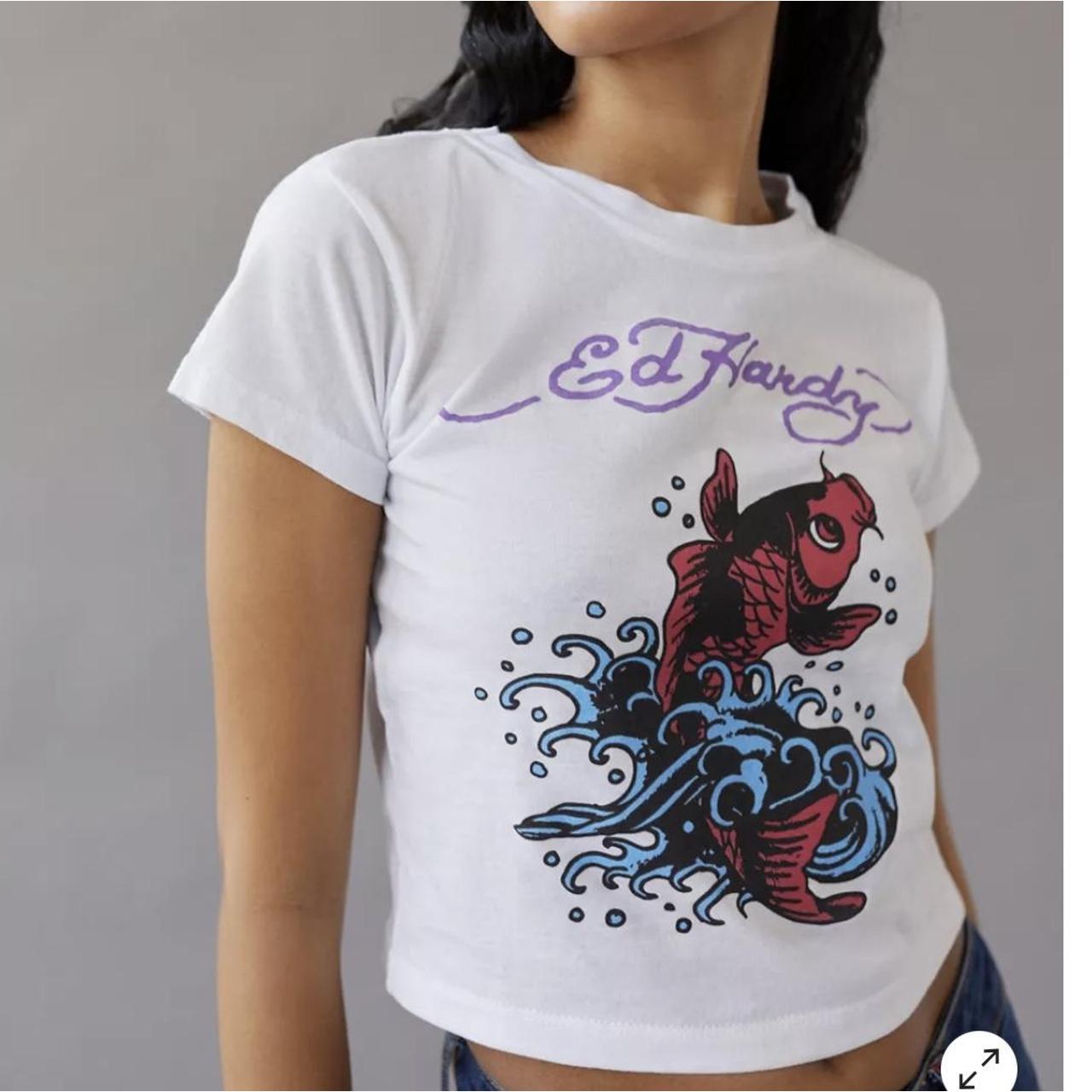 Ed Hardy koi fish baby tee size womens M - Depop