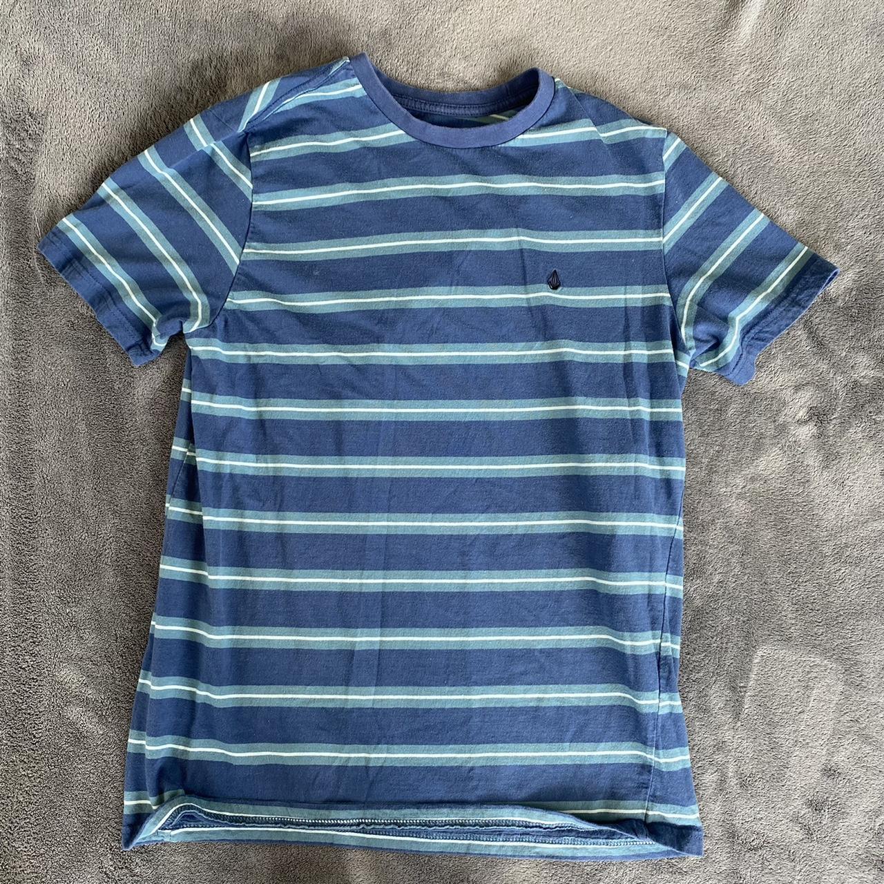 Volcom Blue and Green Striped T Shirt Size medium,... - Depop