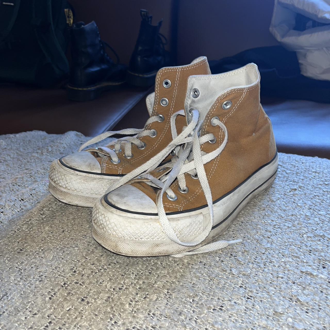 platform yellow/brown converse high tops size W7... - Depop
