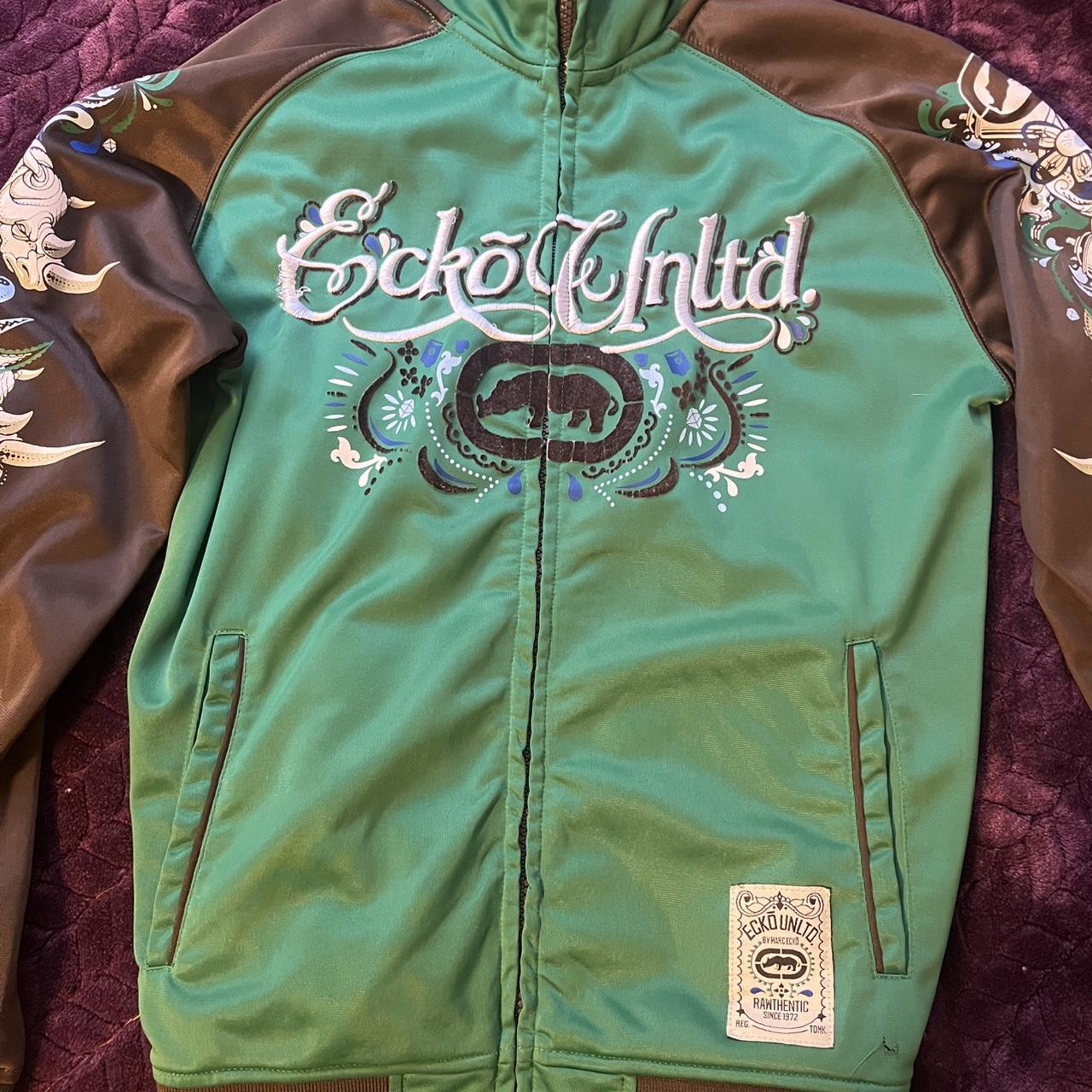 Green and brown Ecko Unltd Front Zip Embroidered... | Depop