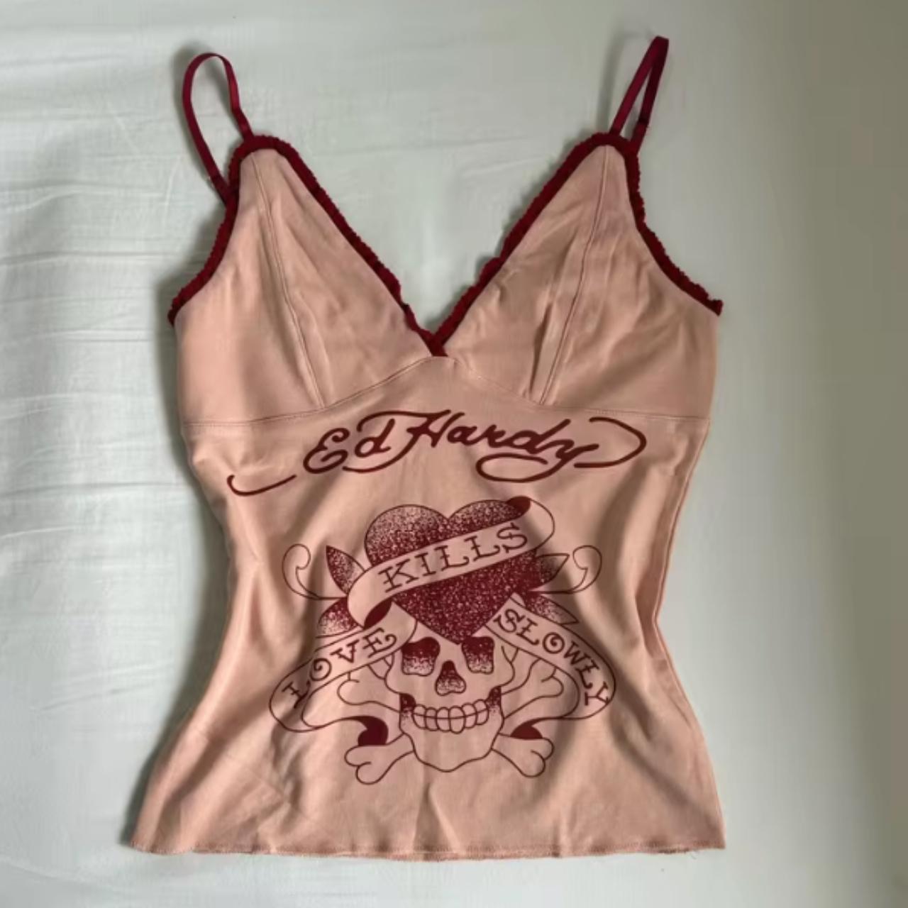 ed hardy pink cami tank red details skull graphic | Depop