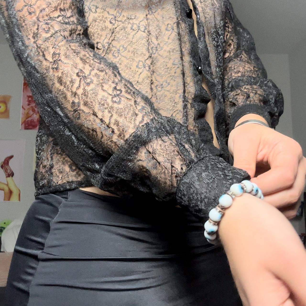 60’s vintage sheer black lace button down best fits... - Depop