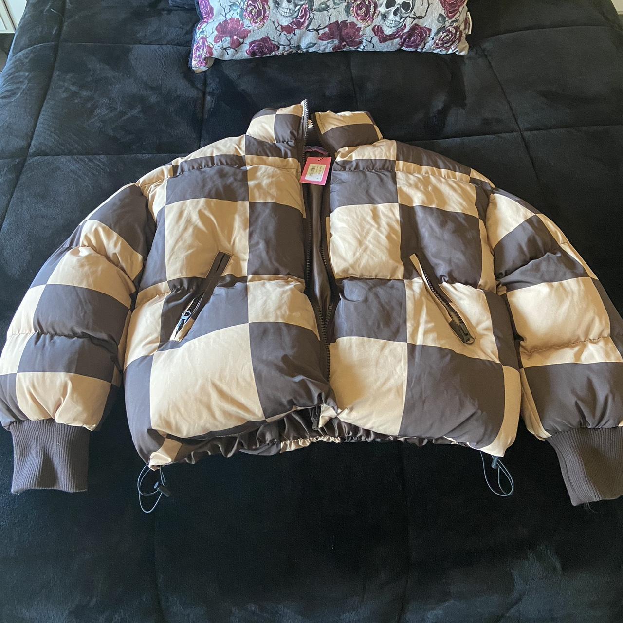 NWT Never Worn Brown and tan checker puffer from... - Depop