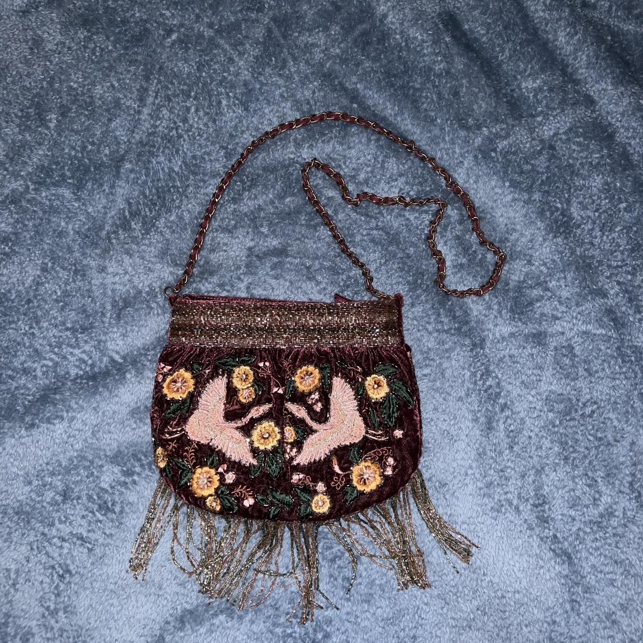 Burgundy velvet embroidered Zara purse. Barely worn - Depop