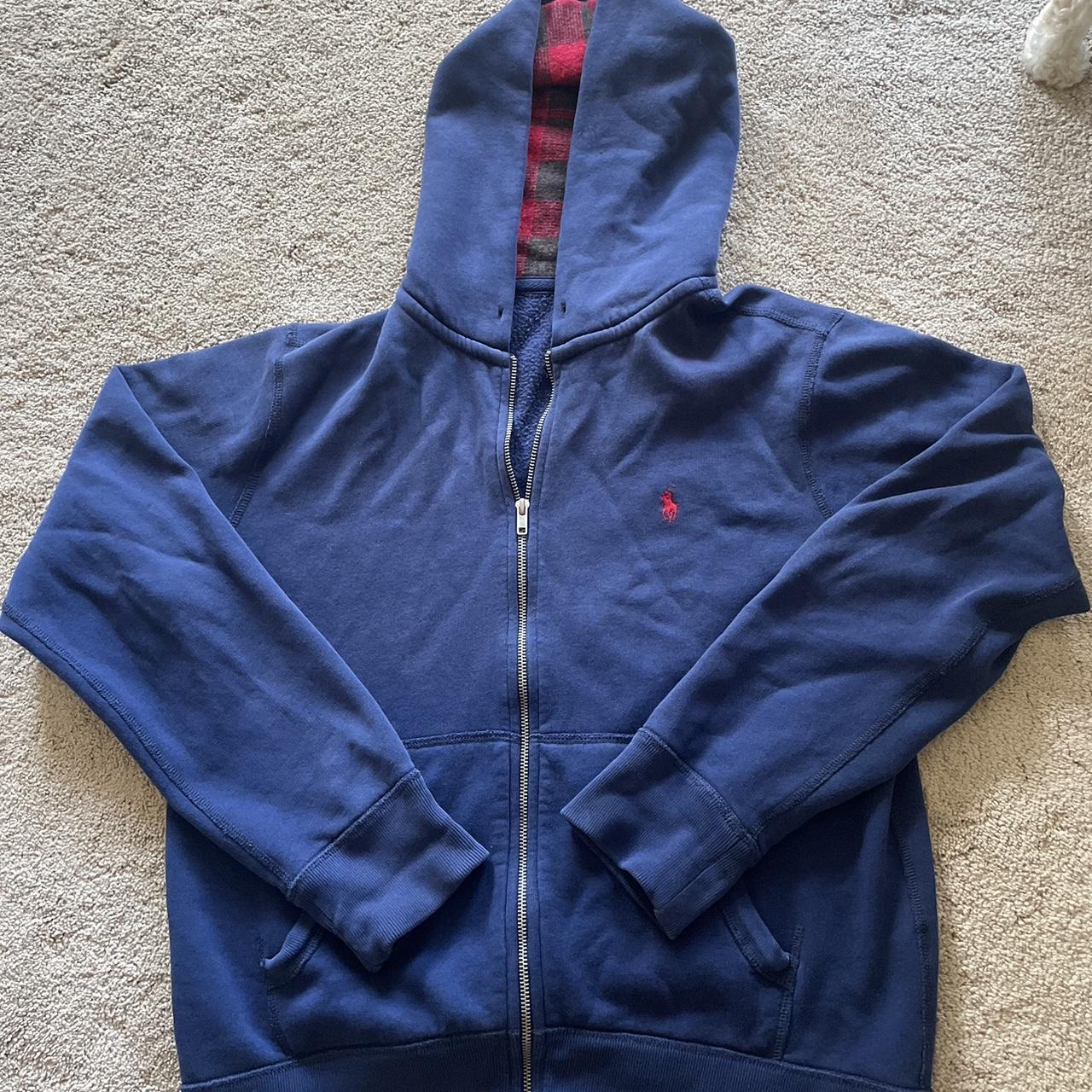 ralph lauren navy zip up with a flannel design in... - Depop