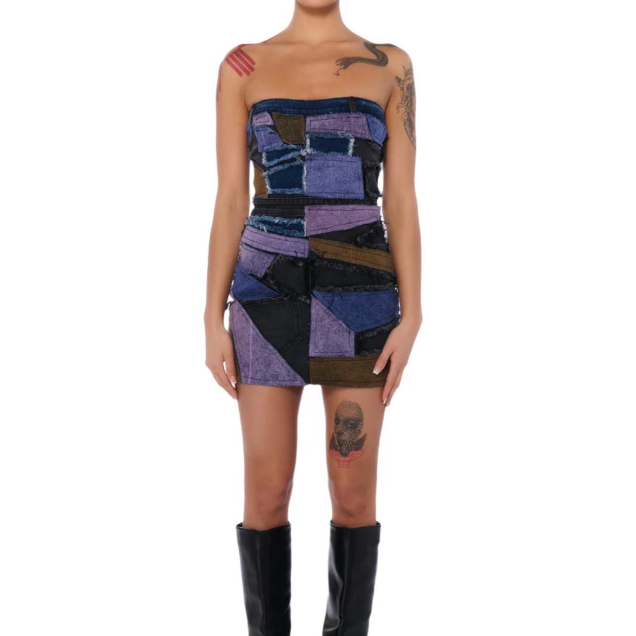 AKIRA DENIM PATCHWORK MINI DRESS Size Large can fit... | Depop