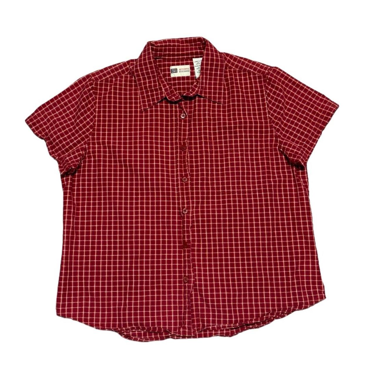 red short sleeve button up tagged women’s L / fits... - Depop