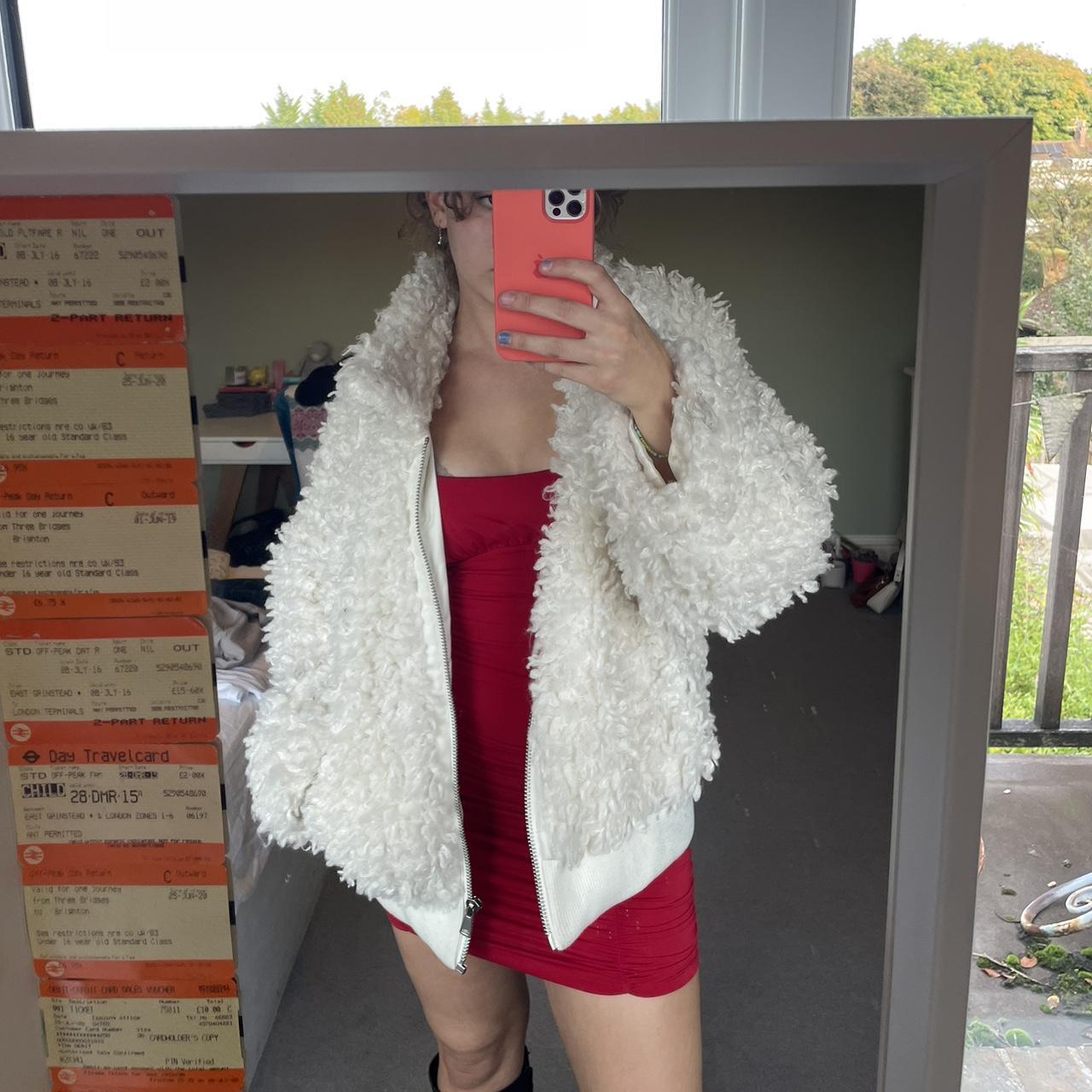 White shaggy jacket Shown on size 8 #jackets... - Depop