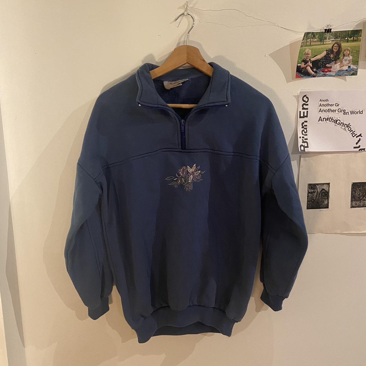 80s Three Quarter Zip Floral Embroidery Jumper Size... - Depop