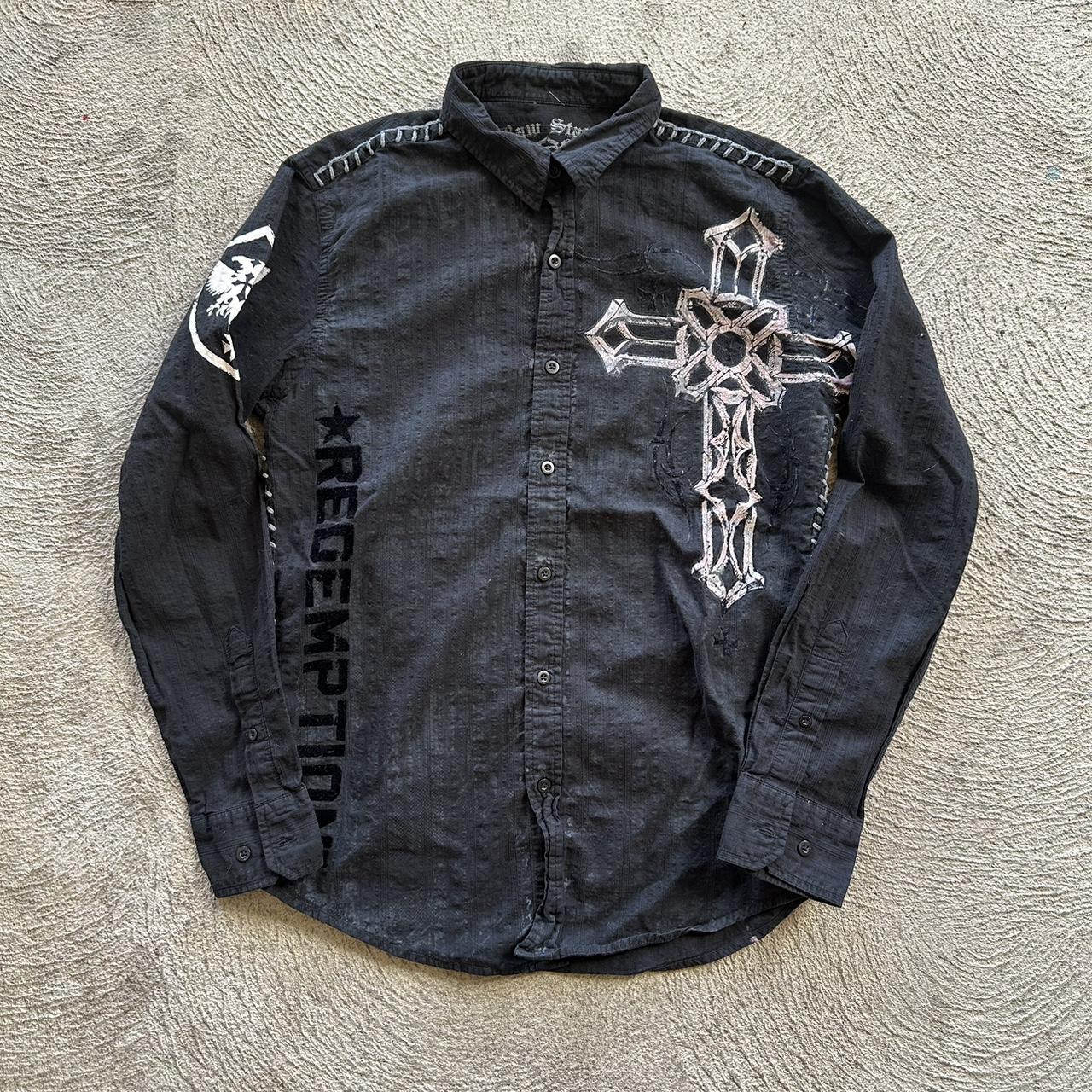 Y2k Black Button Up Shirt With Wings 🪽🪽 Super sick... - Depop