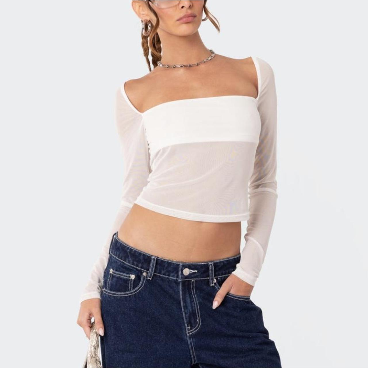NWT edikted mesh top mesh torso and sleeves white... - Depop