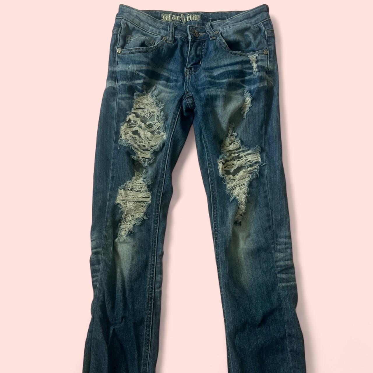 Y2k low rise ripped jeans with embroidered logo on... | Depop